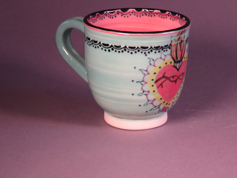 Medium Sacred Heart Mug, Sage Green and Red | Dizzy Lizard Pottery