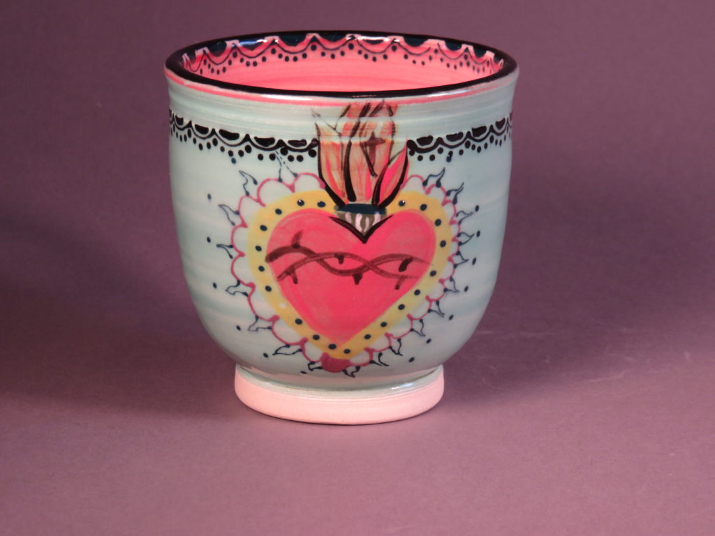 Medium Sacred Heart Mug, Sage Green and Red | Dizzy Lizard Pottery